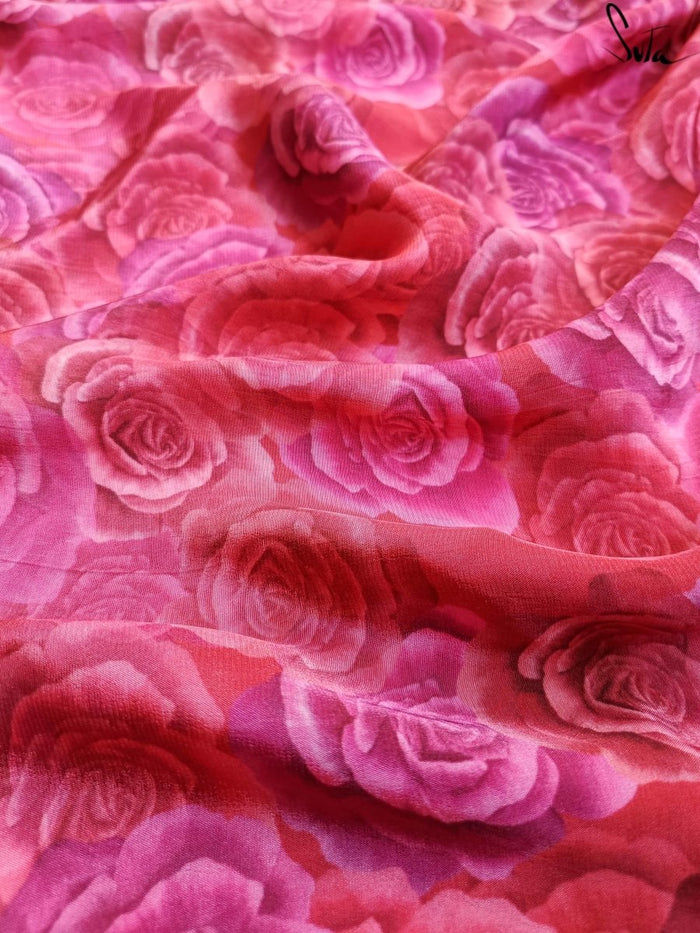 Soft Modal Floral Print Fancy Saree In Pink|Rose Roz|Suta