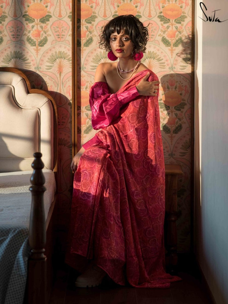 Soft Modal Floral Print Fancy Saree In Pink|Rose Roz|Suta