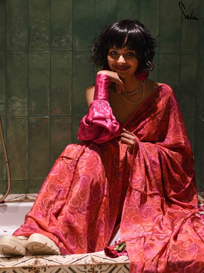 Soft Modal Floral Print Fancy Saree In Pink|Rose Roz|Suta