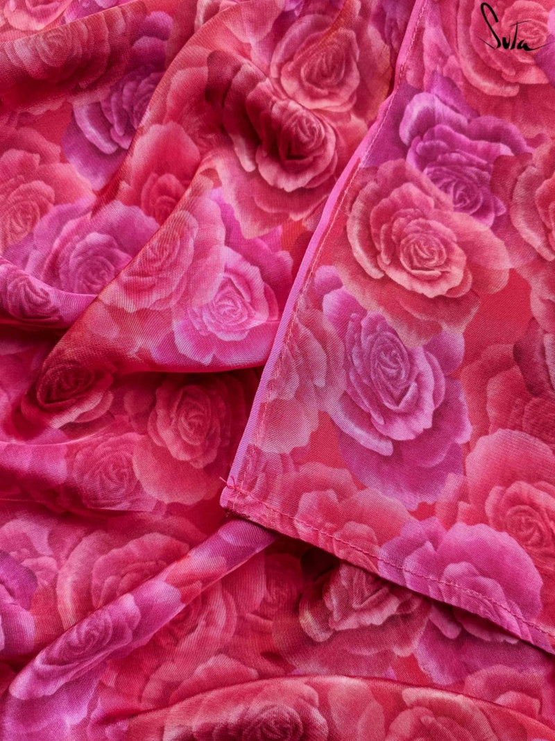 Soft Modal Floral Print Fancy Saree In Pink|Rose Roz|Suta