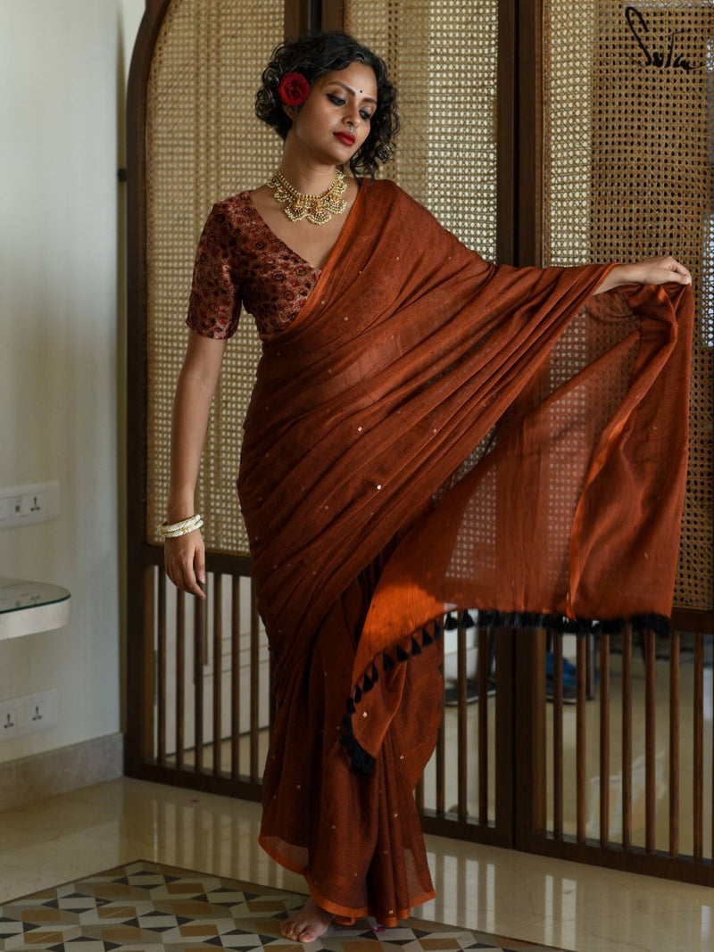 Mul Cotton Rust Brown Saree With Sequins|Rust E Chumki|Suta