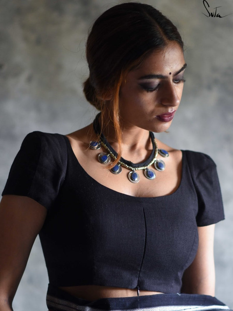 Cotton Cap Sleeve Black Blouse With U Neck|Samputa|Suta