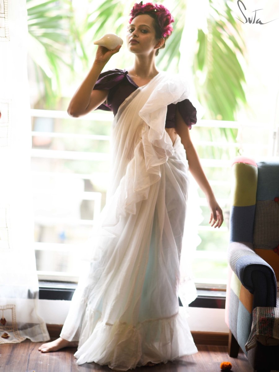 Mulmul Cotton Plain White Ruffle Saree|Shankho|Suta