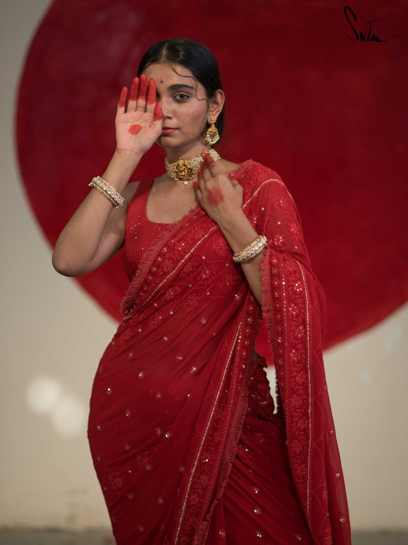 Embroidery Red Designer Saree With Sequins|Sharod Akashe|Suta
