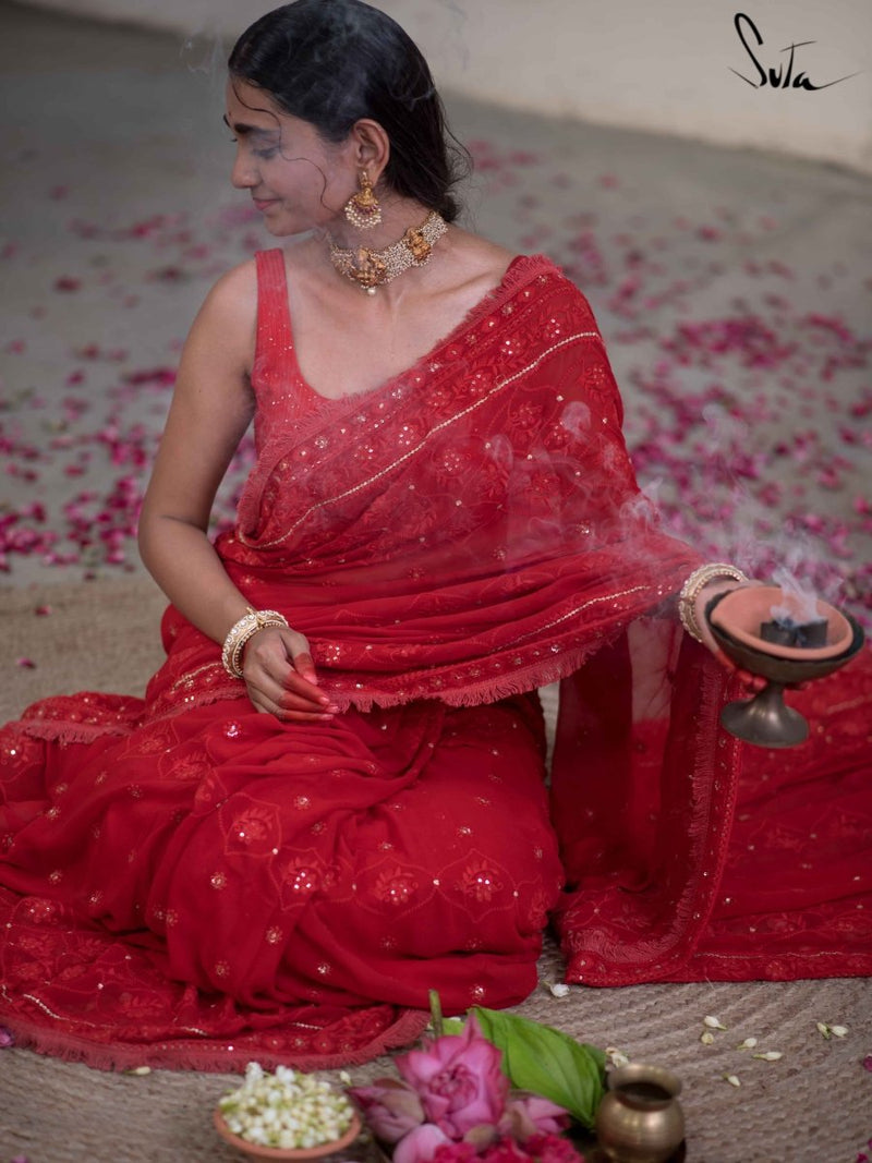 Embroidery Red Designer Saree With Sequins|Sharod Akashe|Suta