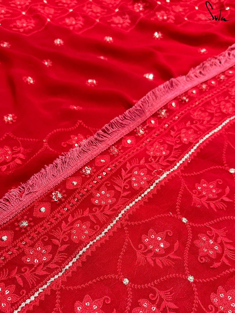 Embroidery Red Designer Saree With Sequins|Sharod Akashe|Suta
