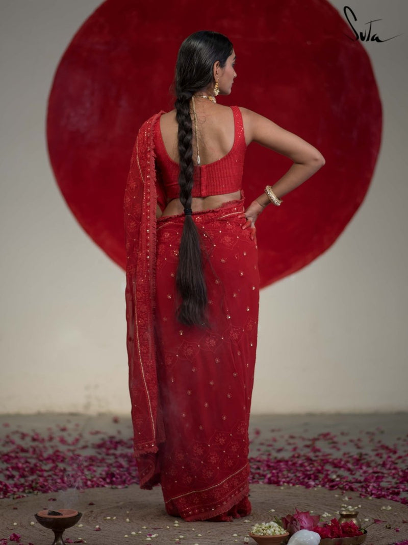 Embroidery Red Designer Saree With Sequins|Sharod Akashe|Suta