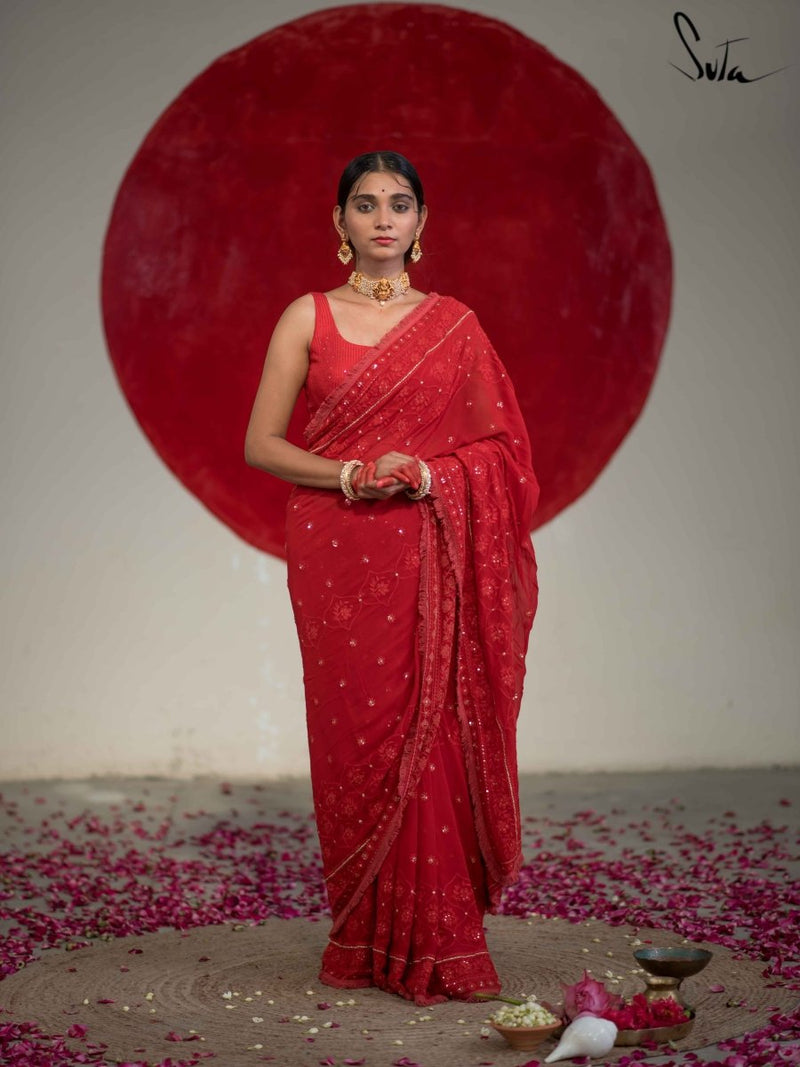 Embroidery Red Designer Saree With Sequins|Sharod Akashe|Suta