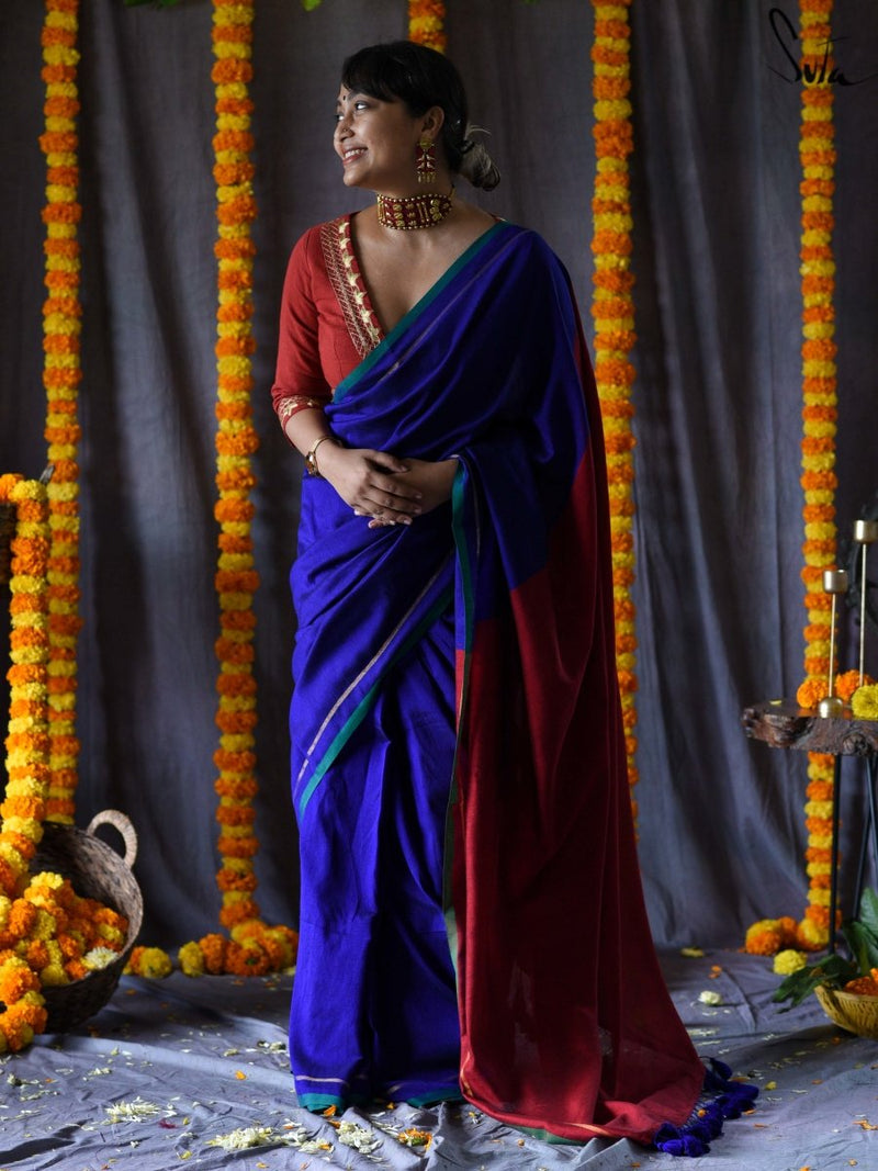 Cotton Acrylic Red And Blue Saree|Sindhoori Nadiya|Suta
