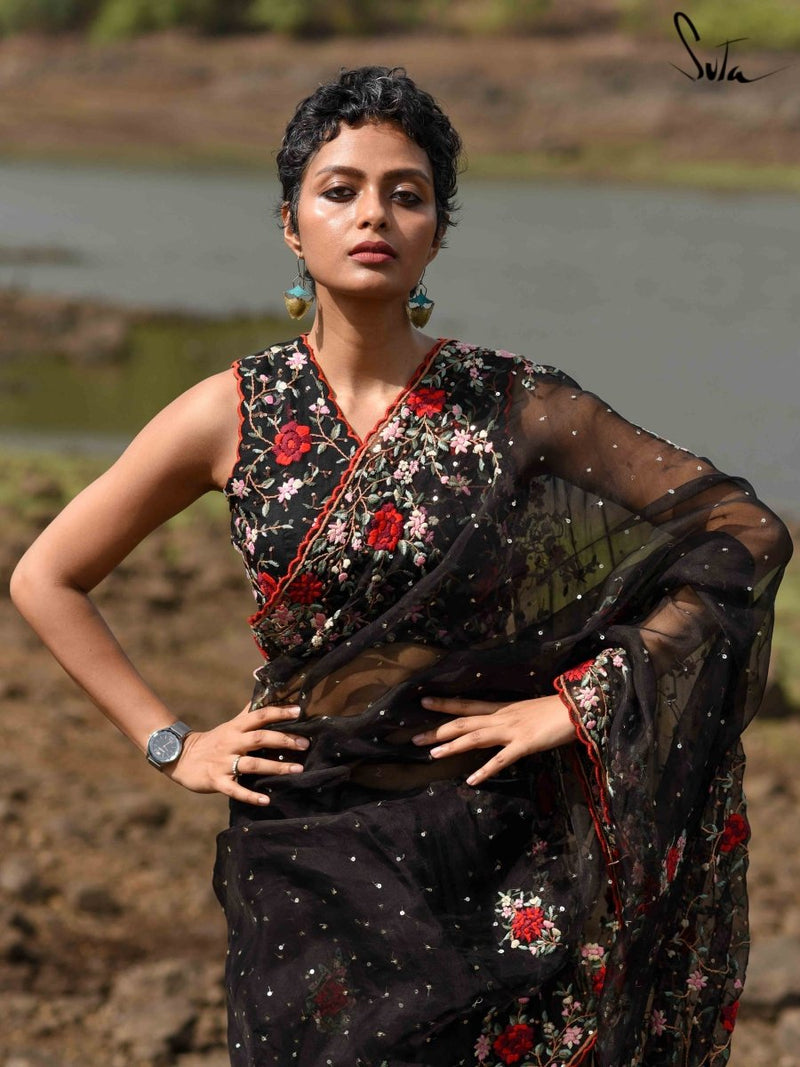 Silk Organza Black Designer Blouse|Stardust Serenade|Suta
