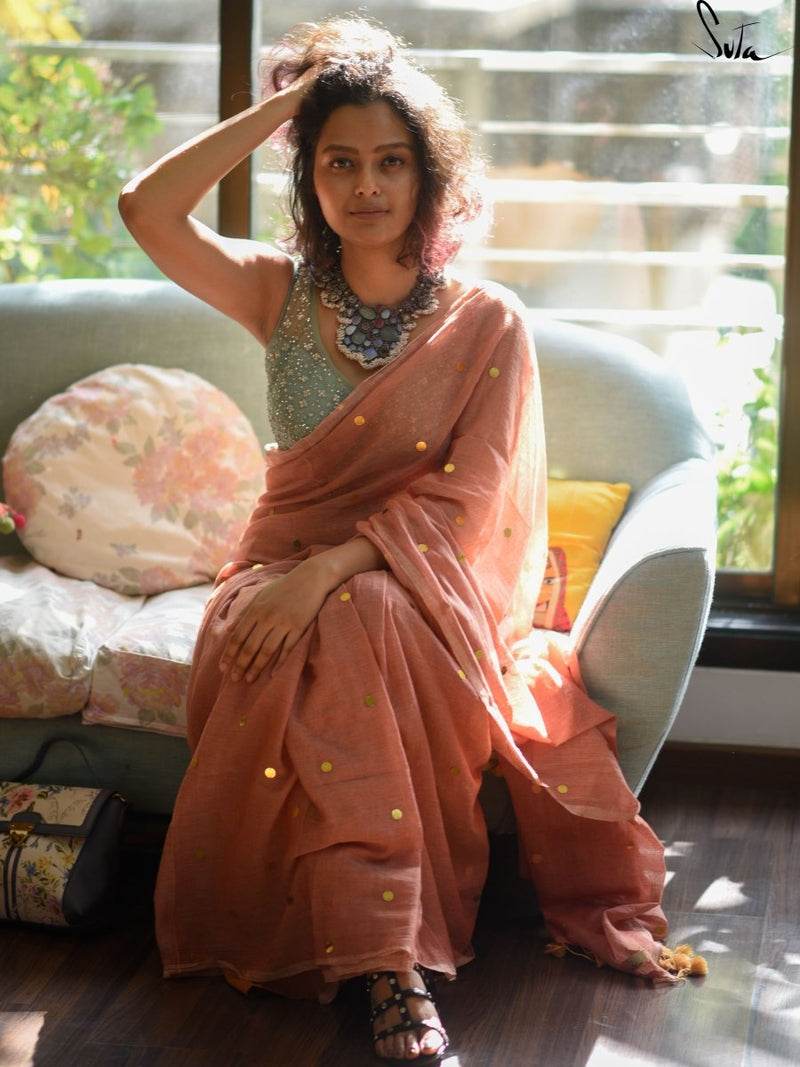 Mulmul Cotton Peach Color Saree With Sequin|Sunset Star|Suta