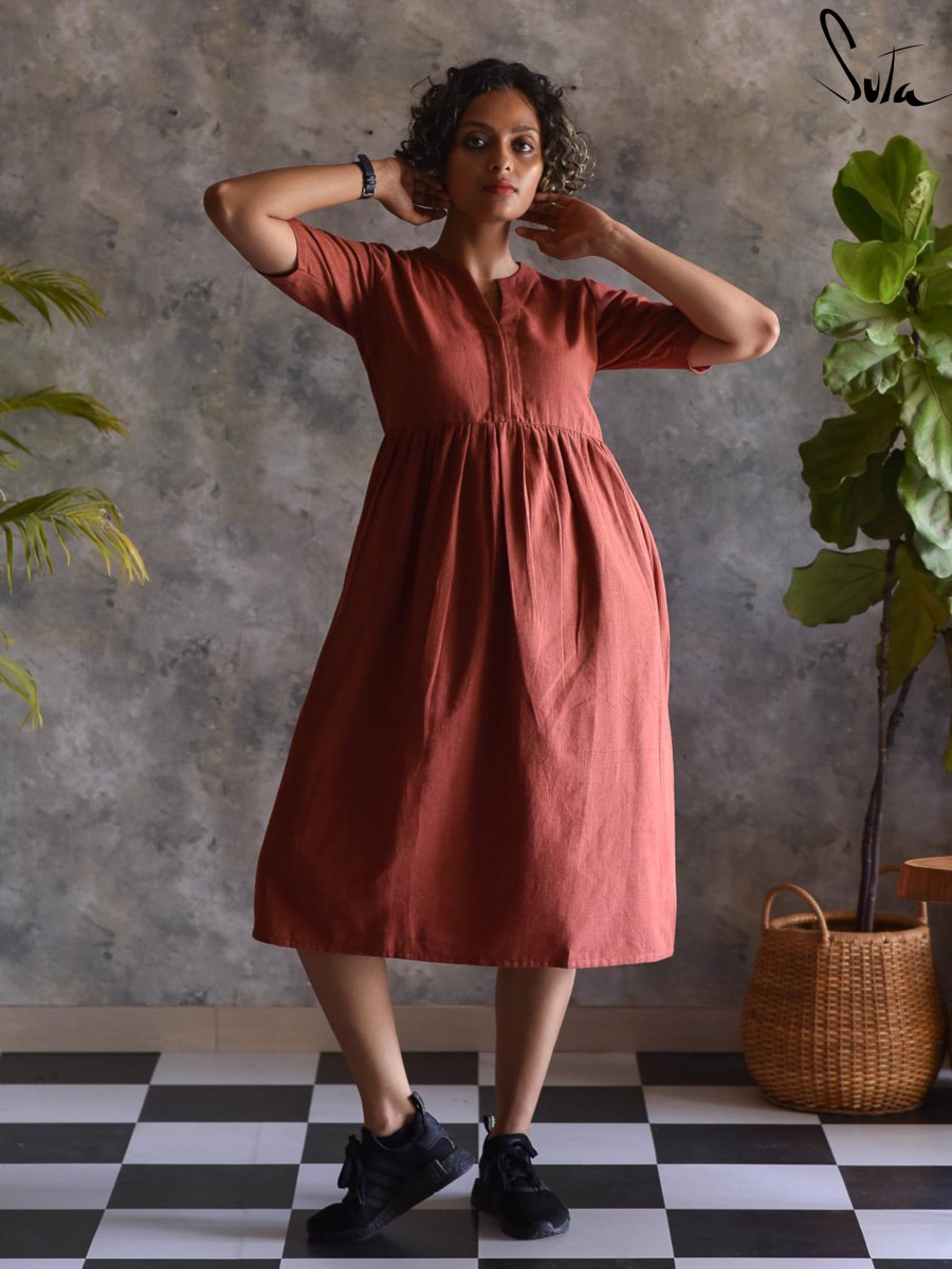 One Piece Cotton Rust Orange Dress With V Neck|Suramya|Suta