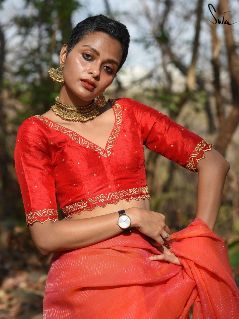 Red Viscose Blend Blouse|Surkh Parchaai|Suta