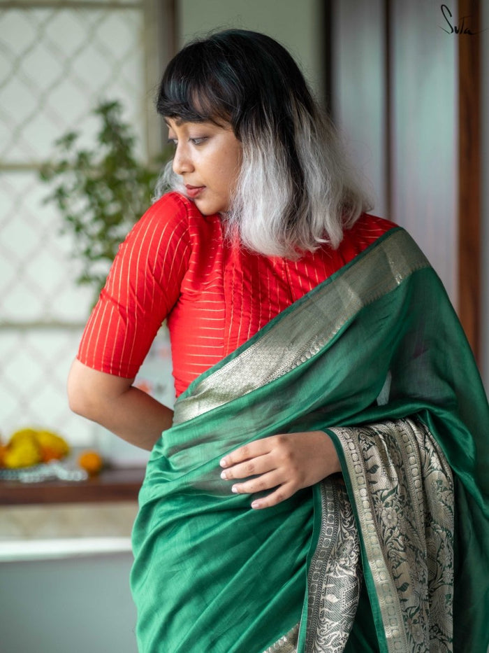 Chanderi Silk Stripes Red Blouse With Round Neck|Surkhi|Suta