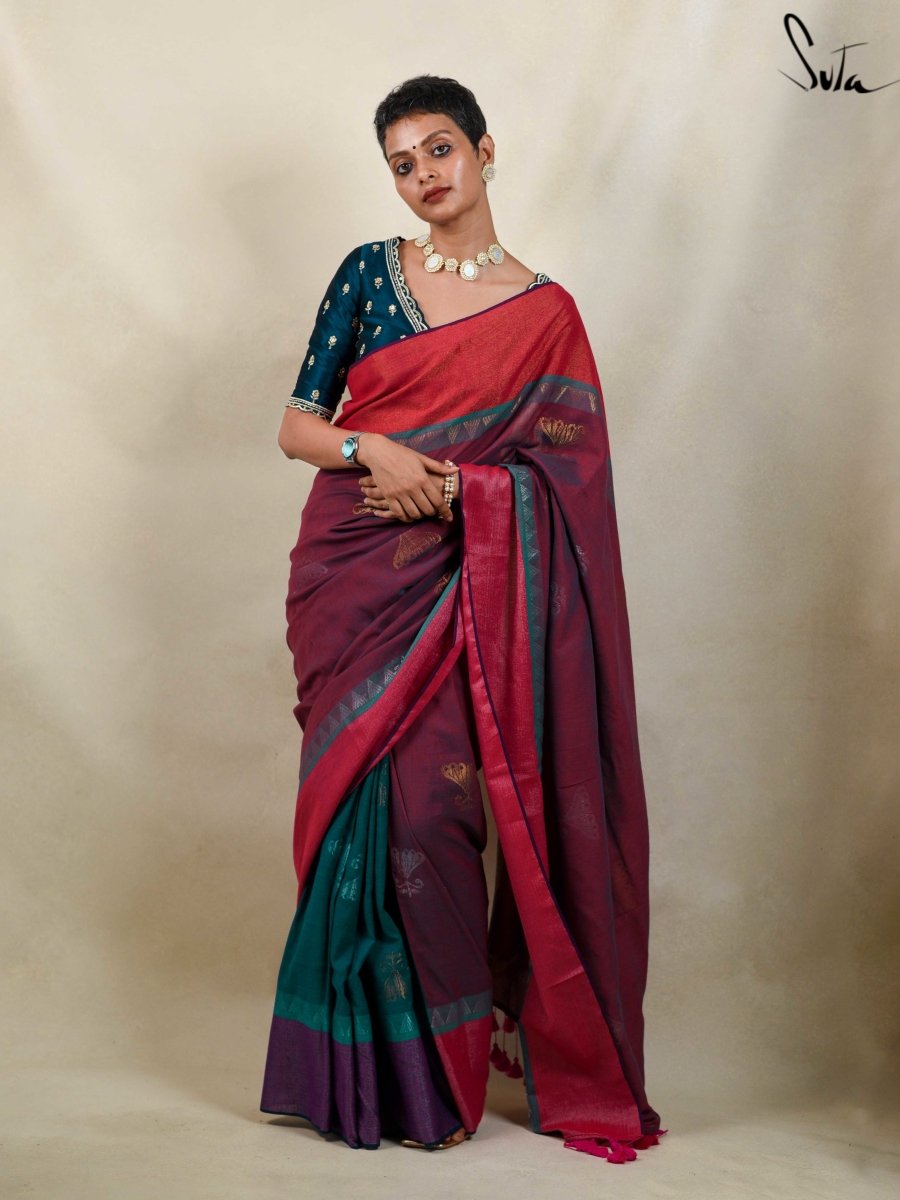 Pink and Blue Cotton Acrylic Saree|Swarasa|Suta