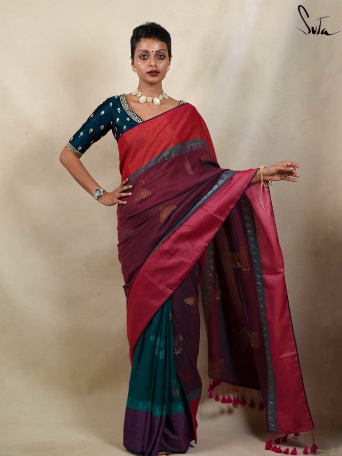 Pink and Blue Cotton Acrylic Saree|Swarasa|Suta