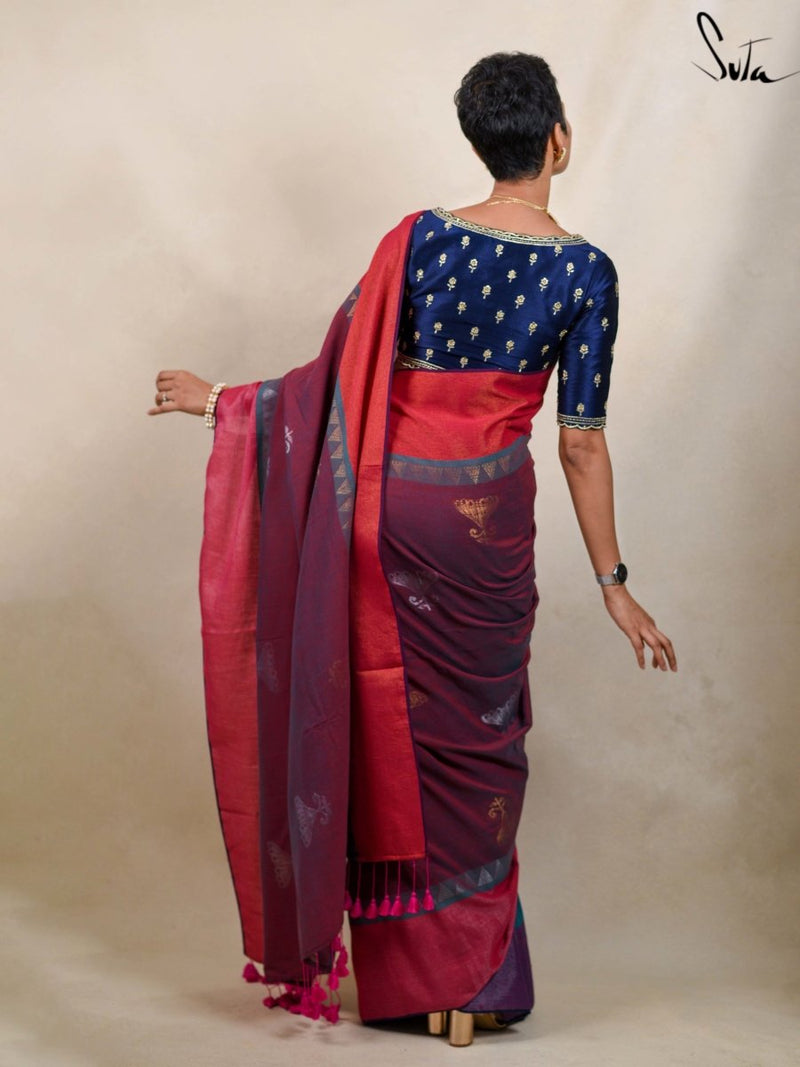 Pink and Blue Cotton Acrylic Saree|Swarasa|Suta