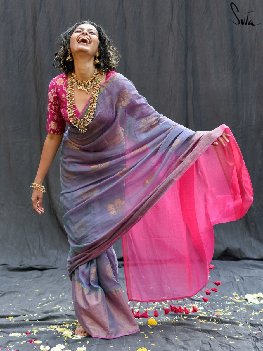 Cotton Zari Mauve Saree With Tassels|Swarn Jawa Kusun|Suta
