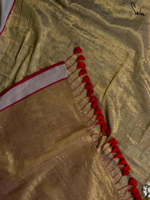 Red Border Golden Cotton And Zari Saree For Onam|Theeram|Suta