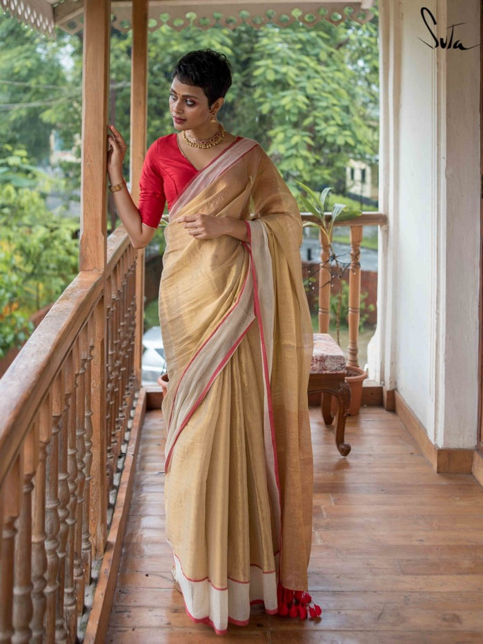 Red Border Golden Cotton And Zari Saree For Onam|Theeram|Suta