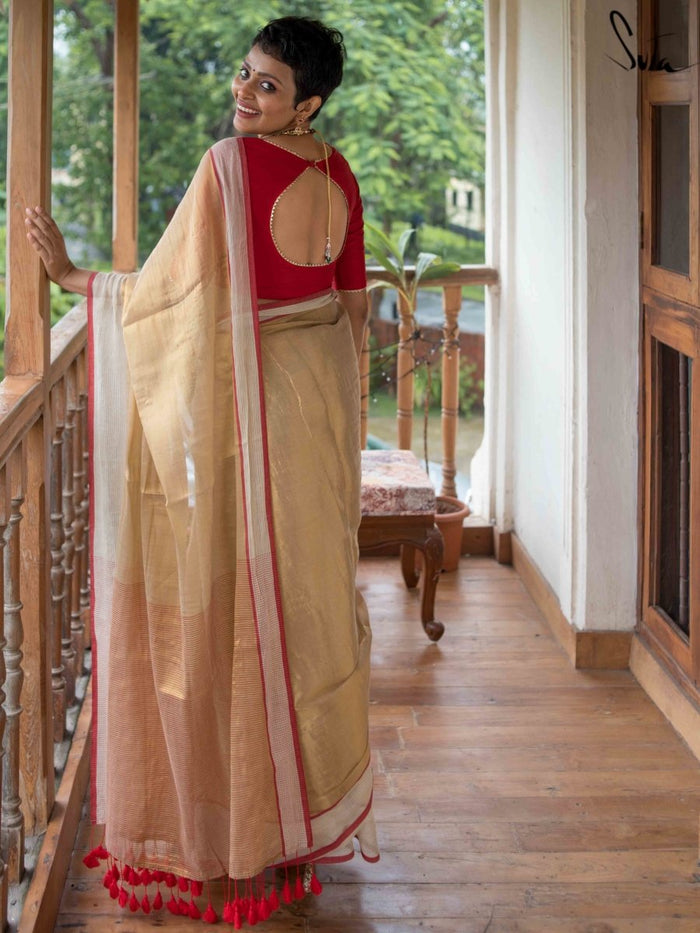 Red Border Golden Cotton And Zari Saree For Onam|Theeram|Suta