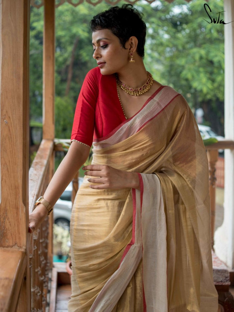 Red Border Golden Cotton And Zari Saree For Onam|Theeram|Suta