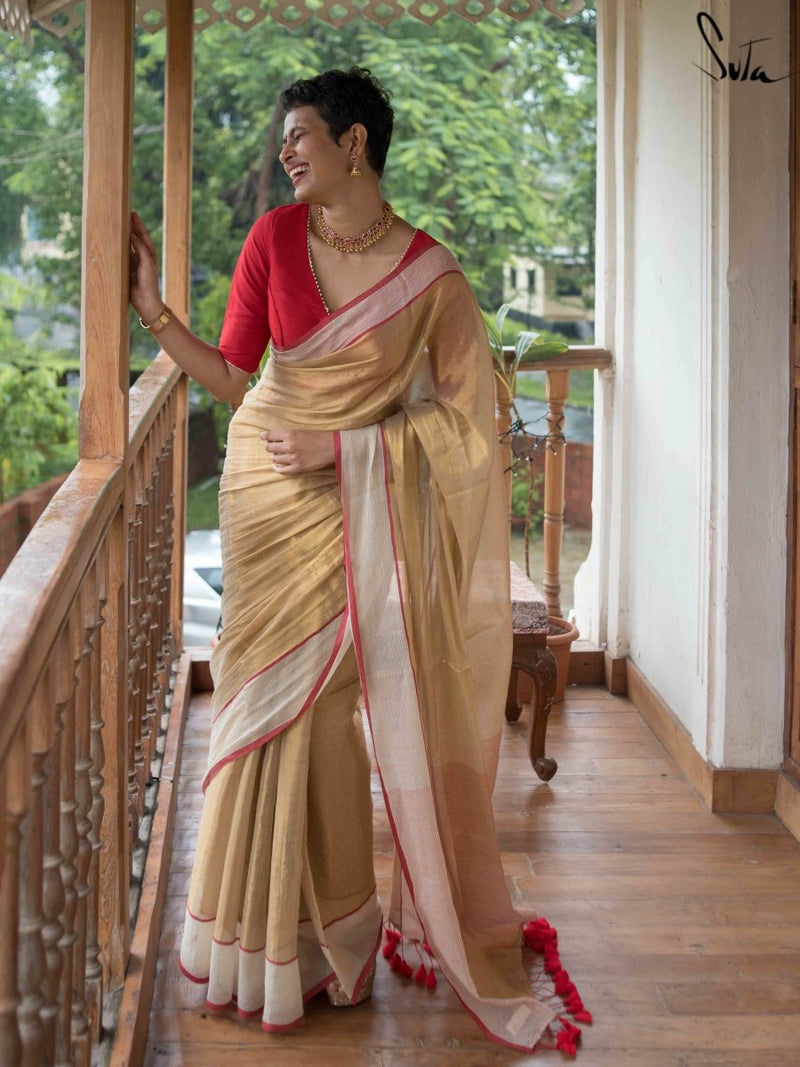Red Border Golden Cotton And Zari Saree For Onam|Theeram|Suta