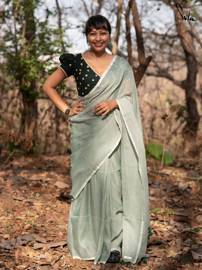 Mint Green Cotton Zari Saree|Tranquil Sitara|Suta – suta