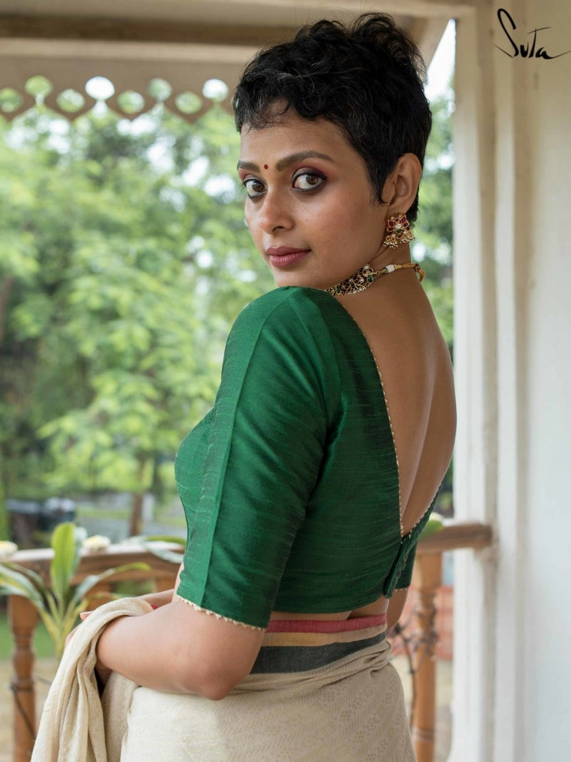 Green Art Silk U Neck Padded Blouse|Tulasi|Suta