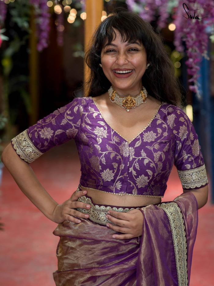 Silk Purple V Neck Designer Blouse With Lace|Violet Posh|Suta