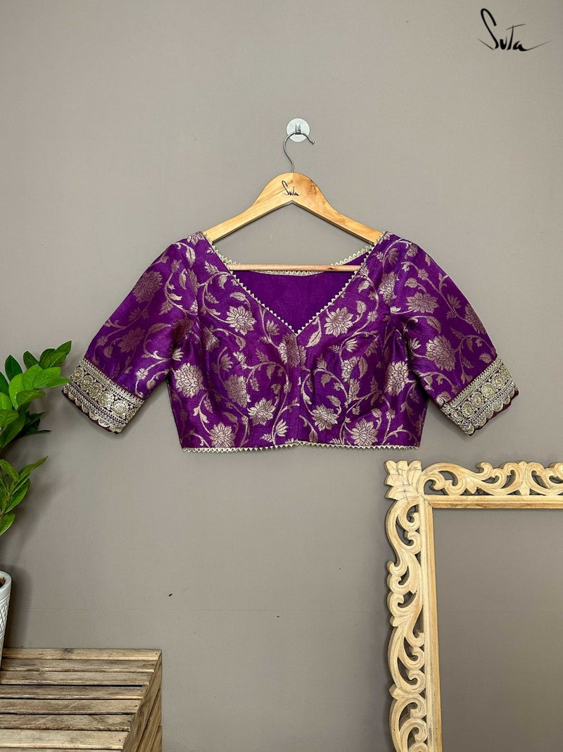 Silk Purple V Neck Designer Blouse With Lace|Violet Posh|Suta
